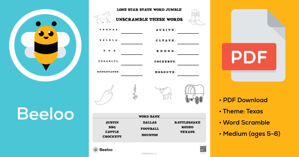 Lone Star State Word Jumble • Beeloo Printable Crafts and Activities ...